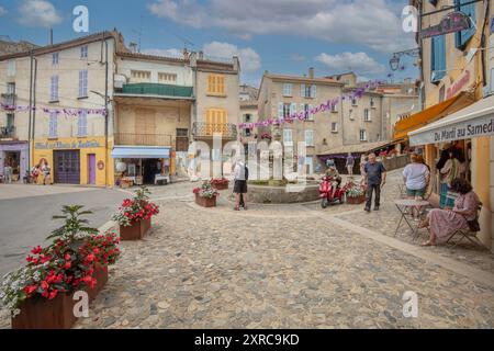 France, Provence, Valensole, old town, street scene, cafe, people Stock ...