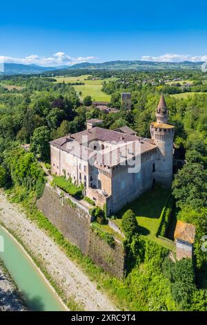 Aerial view of the medieval castle of Rivalta built on the river ...