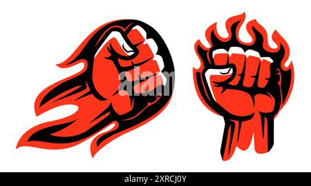 Flaming fiery fist emblem. Strong punch symbol. Hand drawn black and ...