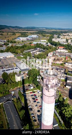 Aerial view of rural landscape with telecom tower and agricultural ...