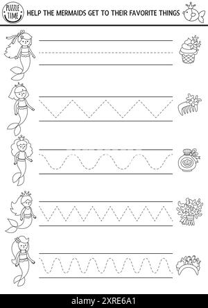 Vector mermaid handwriting practice worksheet. Ocean kingdom printable ...
