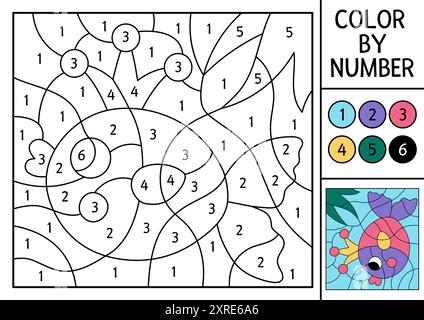 Vector mermaid color by number activity with cute sea princess, ship ...