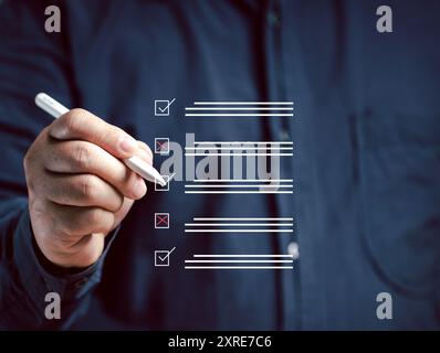 Hand marking checklist, to do and planning concept. Black background ...