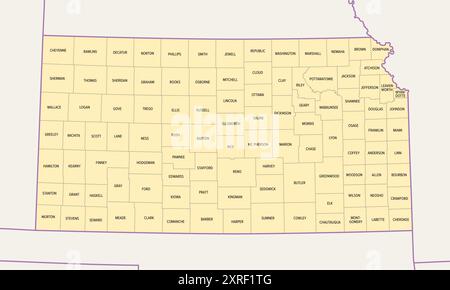 State of Kansas, subdivided into 105 counties, political map with ...