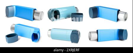 Inhalers isolated on white, collage. Asthma treatment Stock Photo - Alamy