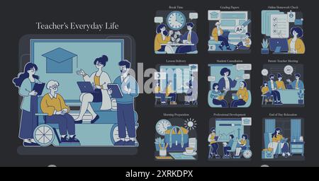 Teacher's Everyday Life set. Illustration of educators' daily routines ...
