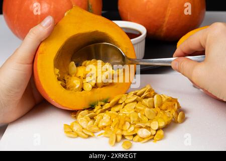 Hokkaido pumpkin seed extraction process Stock Photo - Alamy