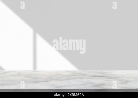 Marble table with window shadow drop on white wall background for ...