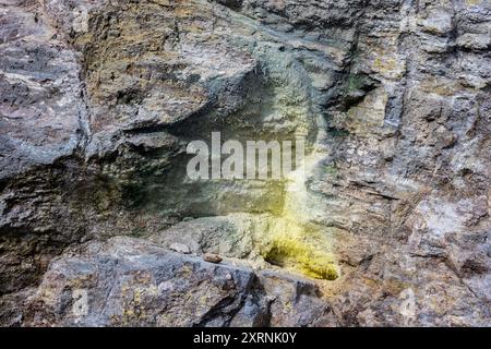 Natural needle like crystals of Sulphur (S) formed in the opening of a ...