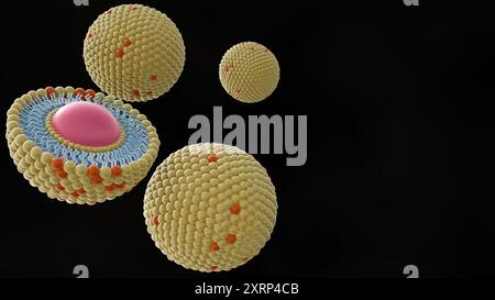 A 3D rendering featuring a half-cut liposome and other liposomes ...