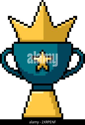 Pixel winner cup background. Cartoon retro gold metal trophy with red ...