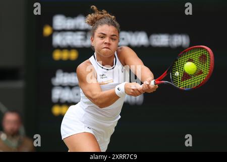 Italian tennis player Jasmine Paolini celebrating at the 2024 Wimbledon ...