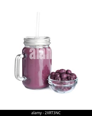 Tasty acai juice in mason jar and berries isolated on white Stock Photo ...