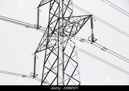Looking up at a pylon carrying electrial wire and coverd in layer of ...