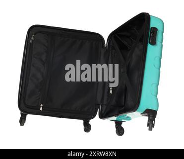 Open empty suitcase in air on violet background Stock Photo - Alamy