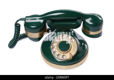 Green vintage corded telephone isolated on white Stock Photo - Alamy