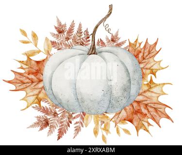 Pumpkin and autumn leaves clip art, watercolor realistic botanical ...