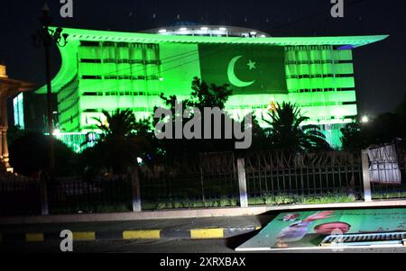 A beautiful illuminated view of lighting at WAPDA House building to ...