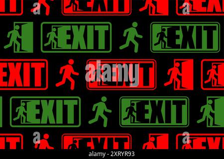 Exit sign evacuation pattern seamless. Man exiting door symbol ...