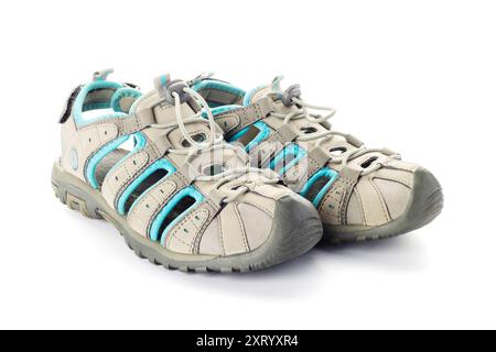 Beige Rubber Summer Sandals isolated on white background. Top view ...