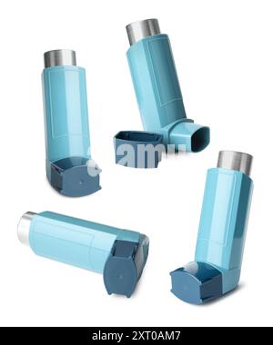 Inhaler isolated on white, collage. Asthma treatment Stock Photo - Alamy