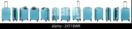 Set of light blue suitcase on white background, view from different ...