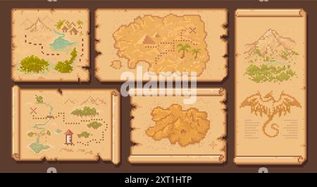 Pixel map paper scrolls, vector travel or pirate game UI assets. Pixel ...