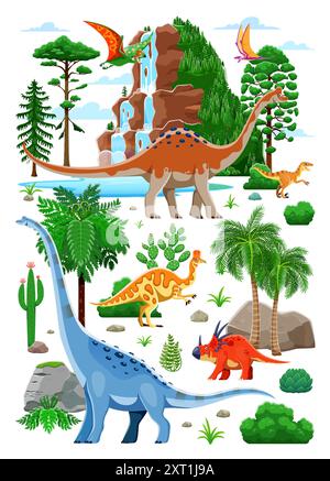 Mountain waterfall with forest trees of prehistoric dinosaur era ...