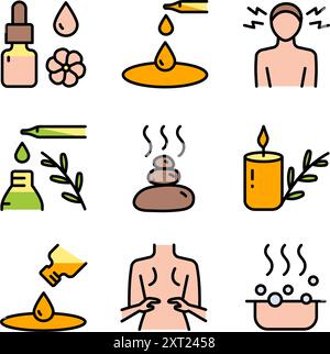 Essential oils aromatherapy icons set. Editable stroke. Collection of ...