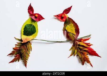colorful parrots animal made from vivid leaves, creativity, autumn ...
