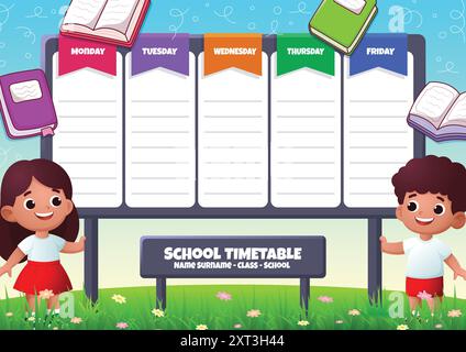 Cartoon school timetable, two kids with beautiful nature landscape ...