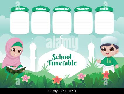 Islamic school timetable background, with illustration of a muslim ...