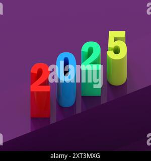The colorful digits 2025 on a purple background. Orthograpic ...