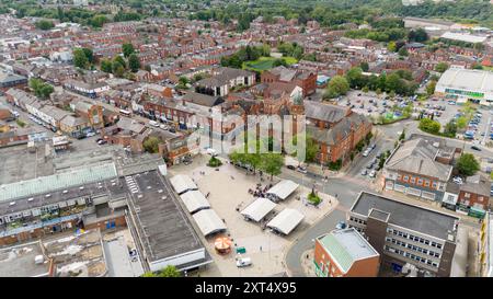 Aerial, Hyde, Tameside, Hyde town centre and the landmark town hall ...