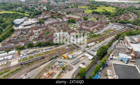 Aerial, Tameside, Guide Bridge railway station and freight sidings ...