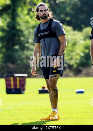 Washington Commanders quarterback Sam Hartman (15)warms up before the ...