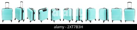 Set of turquoise suitcase on white background, view from different ...
