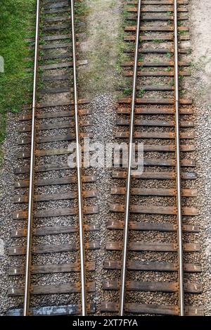 A railroad track with two lanes of tracks passes through nature ...