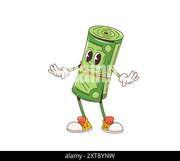 Cartoon rolled banknote retro groovy finance character. Isolated vector ...