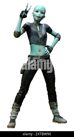 3D rendering of a green female teenager alien isolated on white ...