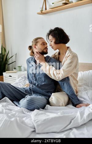 Loving couple gazing into each other's eyes in a tender moment, with ...