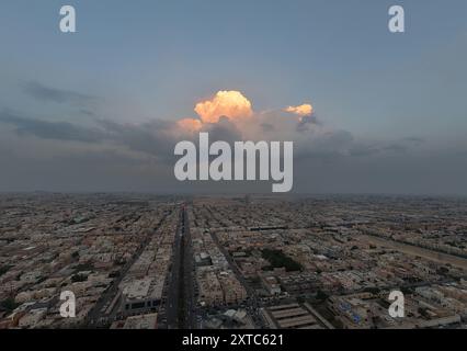Drone shot flying. Saudi Arabia. Riyadh. Sunrise. Kingdom Tower Stock ...