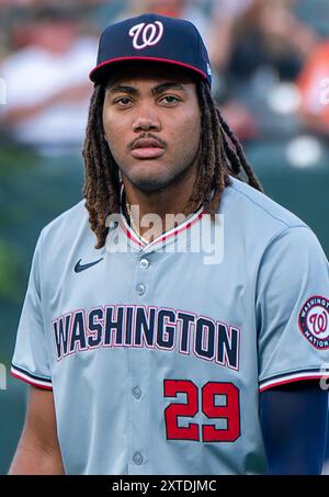 Washington Nationals' James Wood (29) scores a run on a double hit by ...