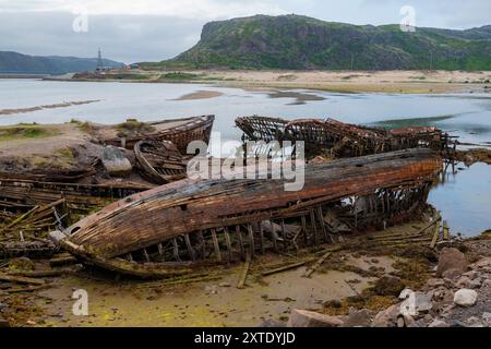 Cemetery of old ships in the Teriberka village. Murmansk region, Russia ...