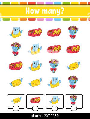 Math game worksheet, valentine wedding Cupids counting puzzle. Vector ...