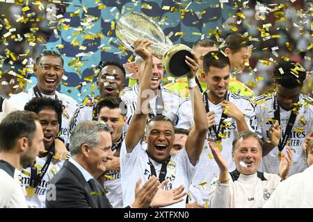 Aurelien Tchouameni, Kylian Mbappe and David Alaba during the training ...