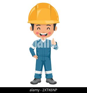 Industrial worker in blue industrial overalls with thumb up. Engineer with his personal ...