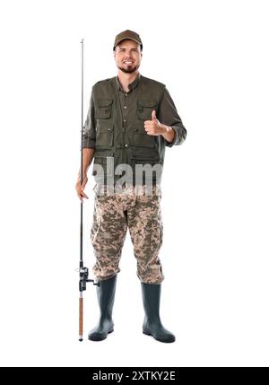 Smiling fisherman with rod showing thumbs up near cooler box on white ...