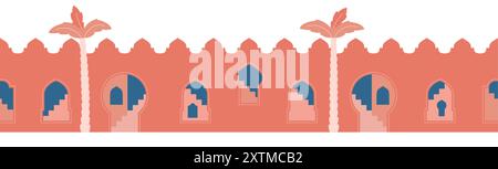 Moroccan red city wall with arch, window, gate, crescent. Arabic style ...