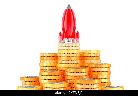 Flying rocket ship with golden coins falling out. 3D rendering isolated ...